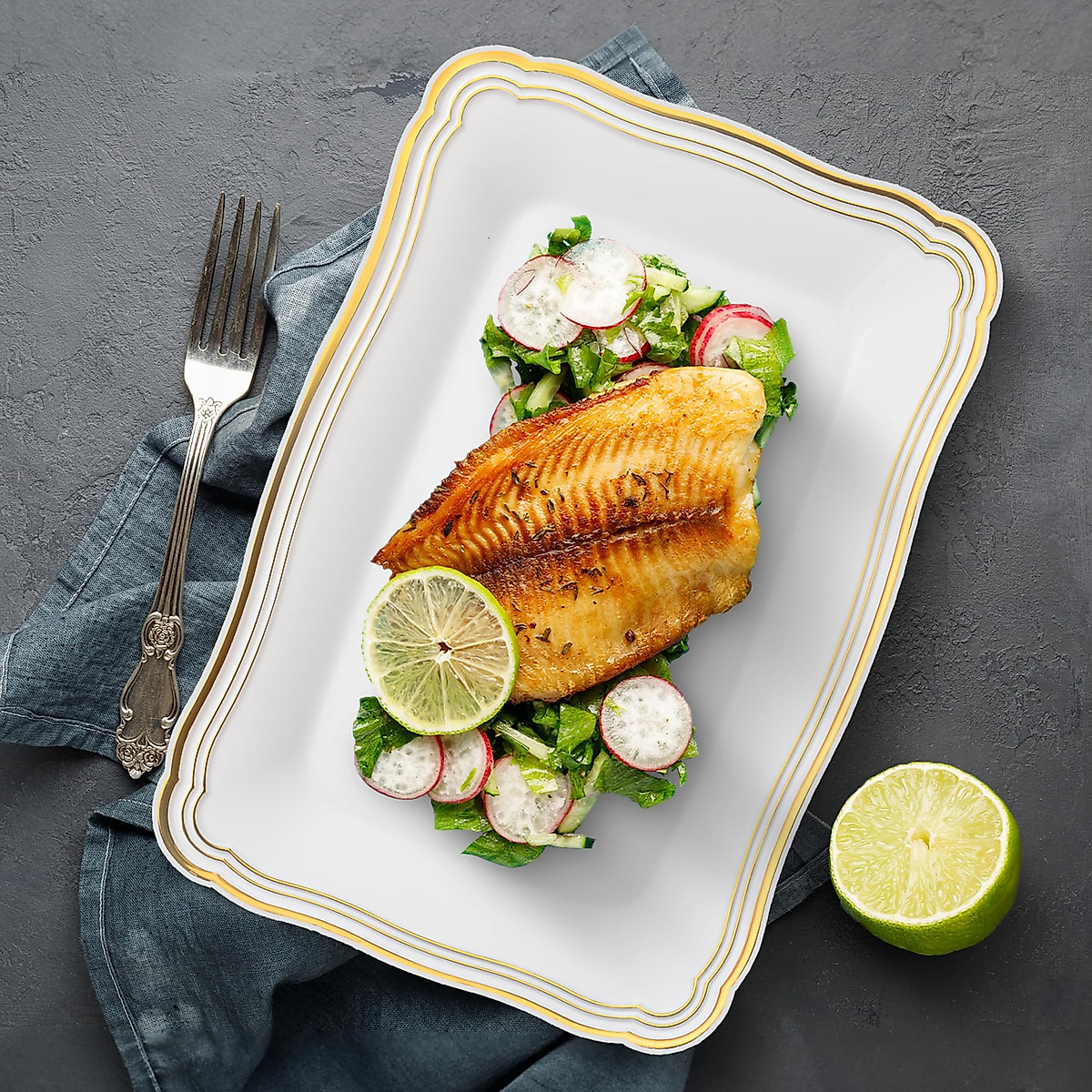 Posh Setting Plastic Serving Tray White Plastic Tray with Gold Rim Border, Disposable Serving Trays Heavyweight Serving platters and Trays 9"x13" Appetizer Tray [6 Pack]