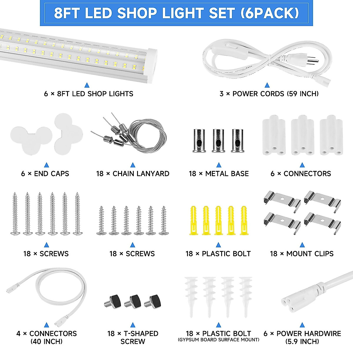 Phiwicsh 8FT LED Shop Light, U Shape 125W Integrated LED Tube Light, 6500K Clear White, 20000LM Super Bright LED Lighting, Flush Mount/Hanging Linkable LED Ceiling Lights for Garage, Plug&Play,6 Pack