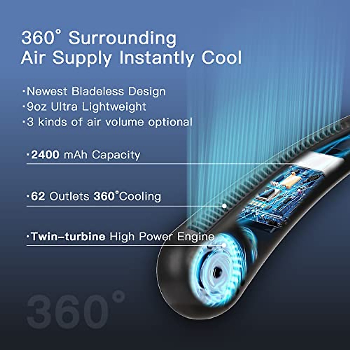 Neck fans portable rechargeable 2400mAh cufun portable neck fan 360° Surround Wind ventilador de cuello portatil 3 wind speeds bladeless rechargeable fan Gifts Outdoor Sports construction worker Black