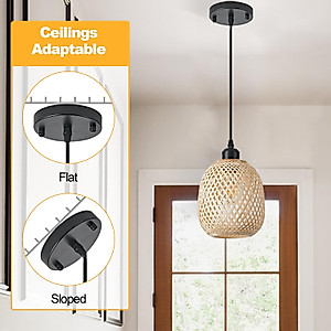 TERLEENART Set of 2 Mid Century Bohemian Rattan Bamboo Pendant Lighting,Torus Basket Woven Ceiling Chandelier for Kitchen Sink Dinning Room Living Room Bedroom Nightstands