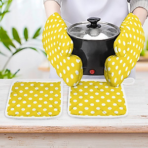 4PCS Oven Mitts Glove Kitchen Heat Resistant Pot Holders Set Lemon Yellow Polka Dot Pattern Kitchen Microwave Oven Gloves Mitts Anti-Scald Baking Cooking Gloves