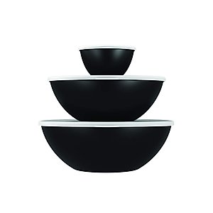 Coza Stackable and Unbreakable Serving Bowl for Mixing, Serving, Salad or Dessert with Lid- Set of 6 (3 Bowls + 3 Lids) (Black)