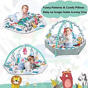 Bellababy Tummy Time Mat, 4-in-1 Baby Gym Activity Play Mat & Ball Pit, with High Contrast Toys & Self-Discovery Mirror & Tummy Time Pillow for Sensory and Motor Skill Development (Blue)