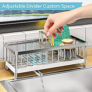 Sponge Holder for Kitchen Sink, Sink Caddy, Rustproof 304 Stainless Steel Dish Sponge Organizer with Divider, Soap Dish Dispenser Brush Holder Storage, Silver