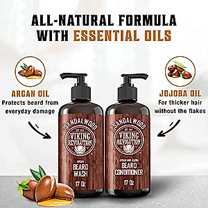 Beard Wash & Beard Conditioner Set w/Argan & Jojoba Oils - Softens & Strengthens - Natural Sandalwood Scent - Beard Shampoo w/Beard Oil (17 oz)