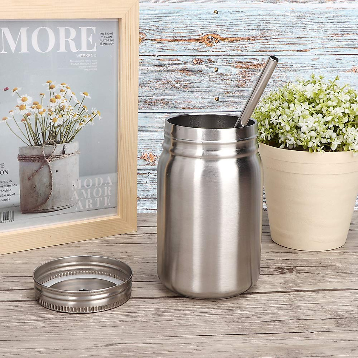 HERCHR Stainless Steel Insulated Mason Jar, Mason Jar Mugs with Lid and Straw Stemless Wine Glass for Travel Mugs, 700ml