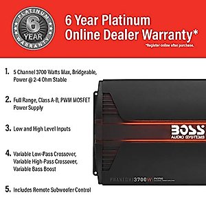 BOSS Audio Systems PV3700 5 Channel Car Stereo Amplifier – 3700 High Output, 5 Channel, 2/4 Ohm Stable, Low/High Level Inputs, High/Low Pass Crossover, Full Range, Bridgeable, for Subwoofer