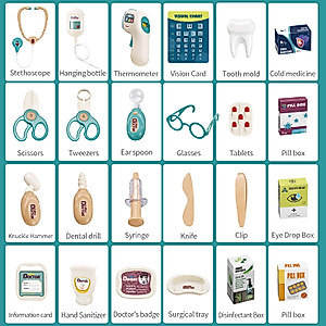 Deejoy Toy Doctor Kit for Kids，Doctor Role Play Costume，Medical Bag，Eye Chart，Thermometer，Stethoscope，Pulse Machine，24 Piece Pretend Medical Station Set for Boys & Girls ，Great Gift for Toddler