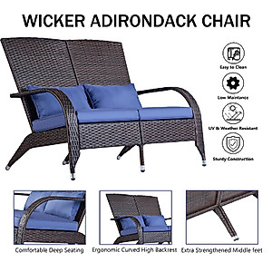 Outdoor Patio Wicker Adirondack Loveseat Bench Outside Small Loveseat Sofa Couch Rattan Fire Pit Chairs Comfy Patio Chair Low Deep Seating High Back with Ottoman Cushion for Porch Backyard Deck Navy