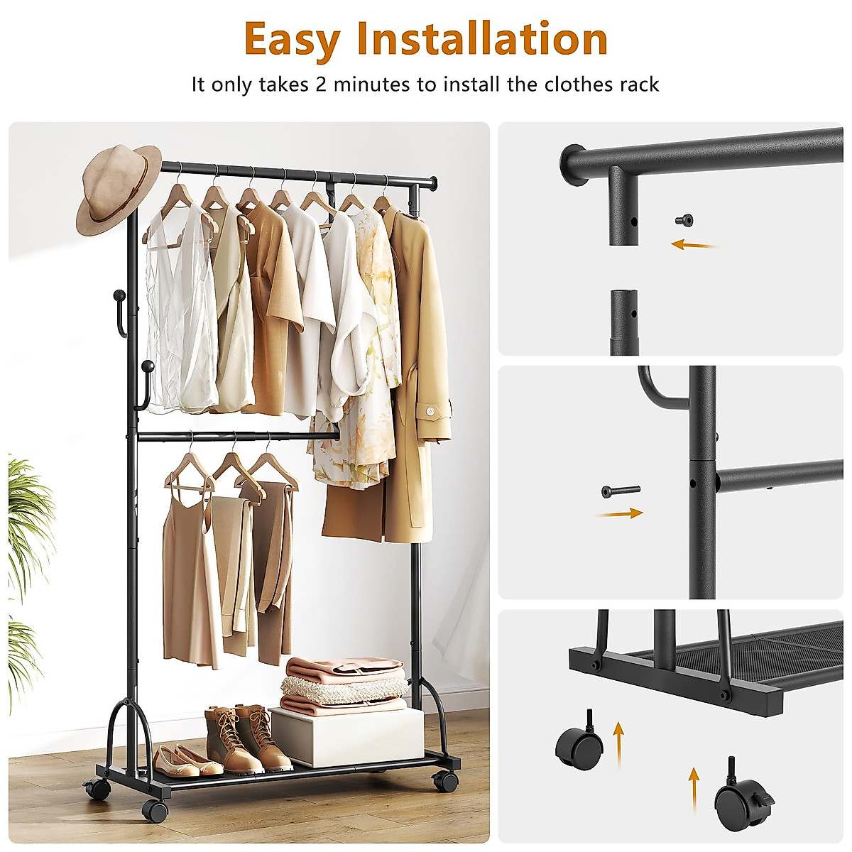 Gewudraw Double Rod Clothes Rack with Wheels Clothing Racks for Hanging Clothes, Rolling Garment Rack with Shelf Sturdy Closet Rack, Clothes Hanger Rack with hook for Pants, Dresses, Easy to Assemble