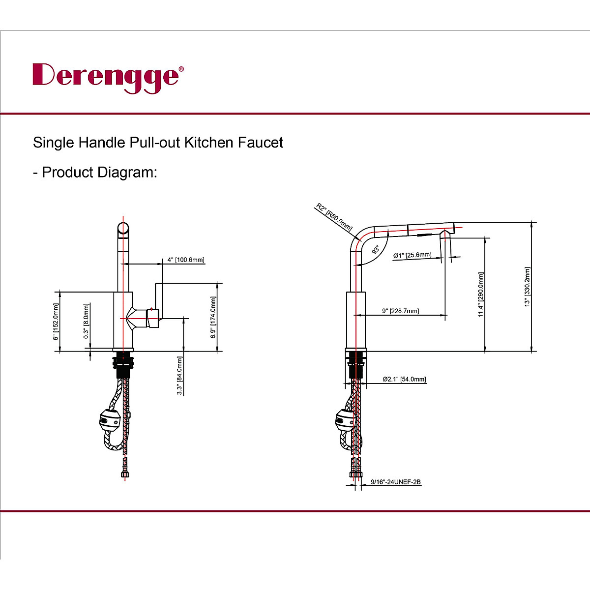Derengge KF-9001-MT Single Handle Pull-Out 1 Hole Kitchen Sink Faucet with Sprayer,cUPC NSF AB1953, Matte Black