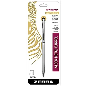 Zebra Pen StylusPen Twist Retractable Ballpoint Pen, Fine Point, 0.7mm, Black Ink, Silver Barrel, 1-Count