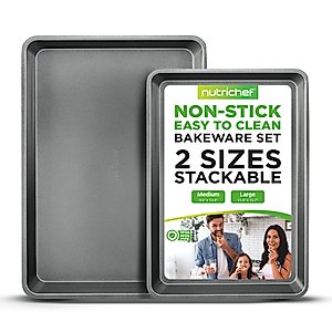 NutriChef 2-Piece Nonstick Cookie Sheet Baking Pan Set - Premium Bake Trays w/ Sleek Non-Stick Coating PFOA, PFOS, & PTFE Free - Large (15"x11") & Medium (13"x9") - Dishwasher Safe