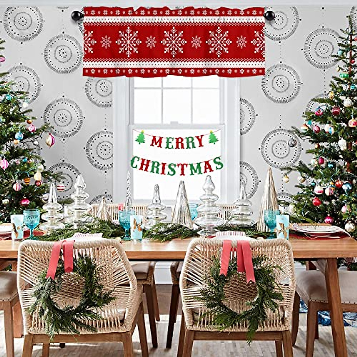 Millxiu Christmas Kitchen Curtain Valance 42x12 inch Merry Christmas White Snowflake Red Backdrop Window Valance for Kitchen and Bathroom,Rod Pocket Short Valances Window Treatment