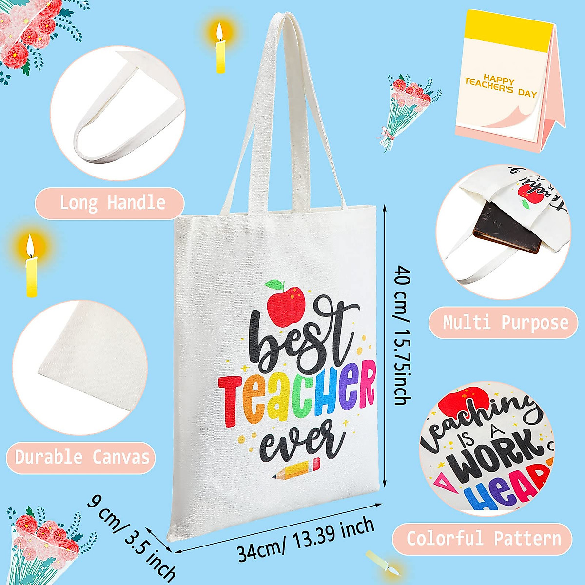 Kigeli 6 Pcs Teacher Canvas Tote Bags Bulk Teacher Appreciation Gifts in Bulk for Graduation Teachers Week Retirement(White)