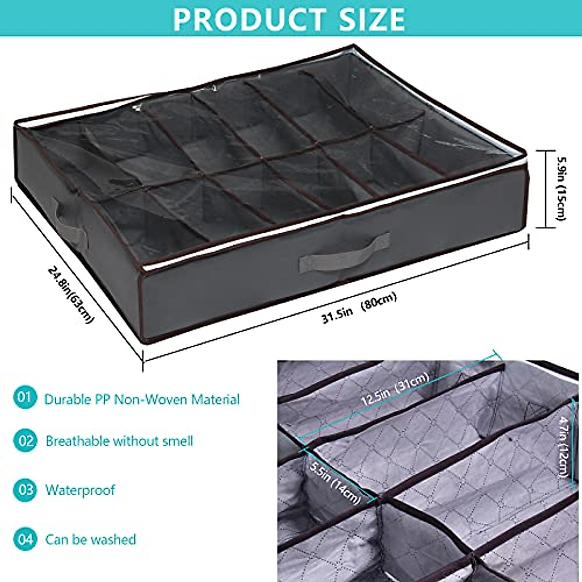 VINIKE Under Bed Shoe Storage Organizer 2 Set Fits Total 24 Pairs Clear Foldable Shoes Organizer with Reinforced Handles and Clear Top Cover for Kids & Adults Underbed Shoes Storage Containers (Grey)