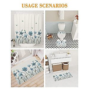 EwdeWwo Spring 4 Piece Shower Curtain Sets with Non-Slip Rugs, Toilet Lid Cover and Bath Mat, Blue Butterfly with Flowers Shower Curtain with 12 Hooks, Durable and Waterproof
