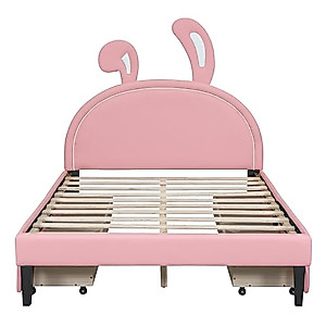 HBRR Wooden Bed Frame Full Size with 4 Storage Drawers and Bunny Ears Headboard, Upholstered Platform Bed with Storage for Kids Teens Boys & Girls, No Box Spring Needed, Pink