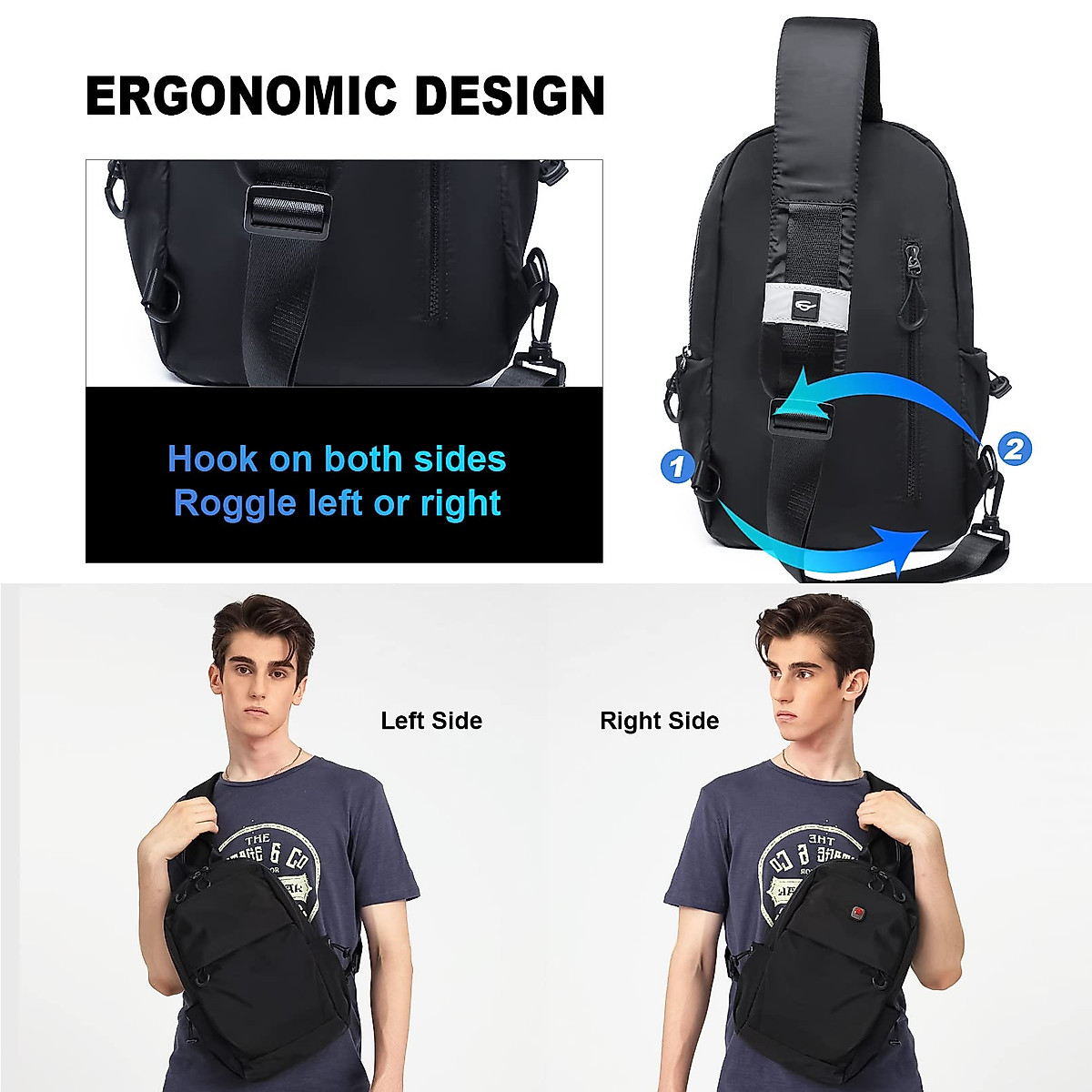 Gooday Small Sling Shoulder Bag Travel Crossbody Backpack for Men, Nylon Waterproof Lightweight Chest Bag