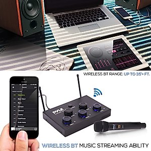 Wireless Karaoke Microphone Mixer System - 8-Channel Optical/Coaxial Input Mixer w/Digital UHF Wireless Mics, 3.5mm Input/Output, Works w/Home Theater, Receiver, Amplifier, Speaker - Pyle PDWMKHRD23