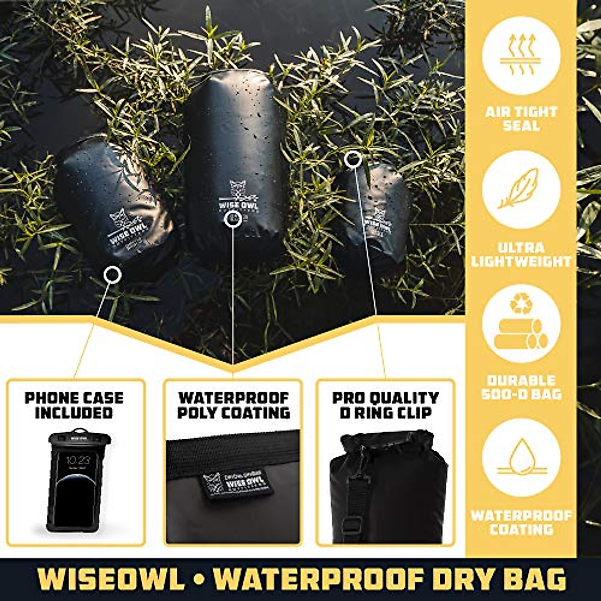 Wise Owl Outfitters Waterproof Dry Bag Backpack - Thick, Durable Water Bag for Kayaking, Camping, Boating, Beach and Outdoor Water Sports - Black, 5L
