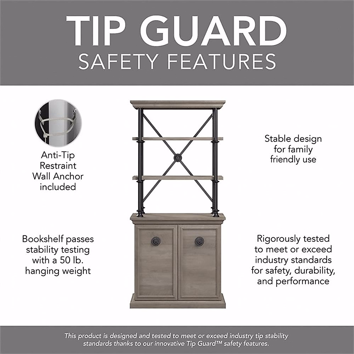 Bush Furniture Coliseum Designer Bookcase with Doors in Driftwood Gray