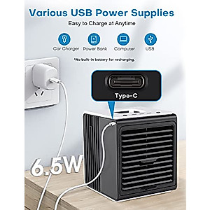 Mini Air Conditioner, 7" Air Conditioners Portable for Room w/3 Speeds, USB Powered Air Cooler Fan & Humidifier for Personal Space, Evaporative Air Cooler for Camping Bedroom Desktop Office Table Car