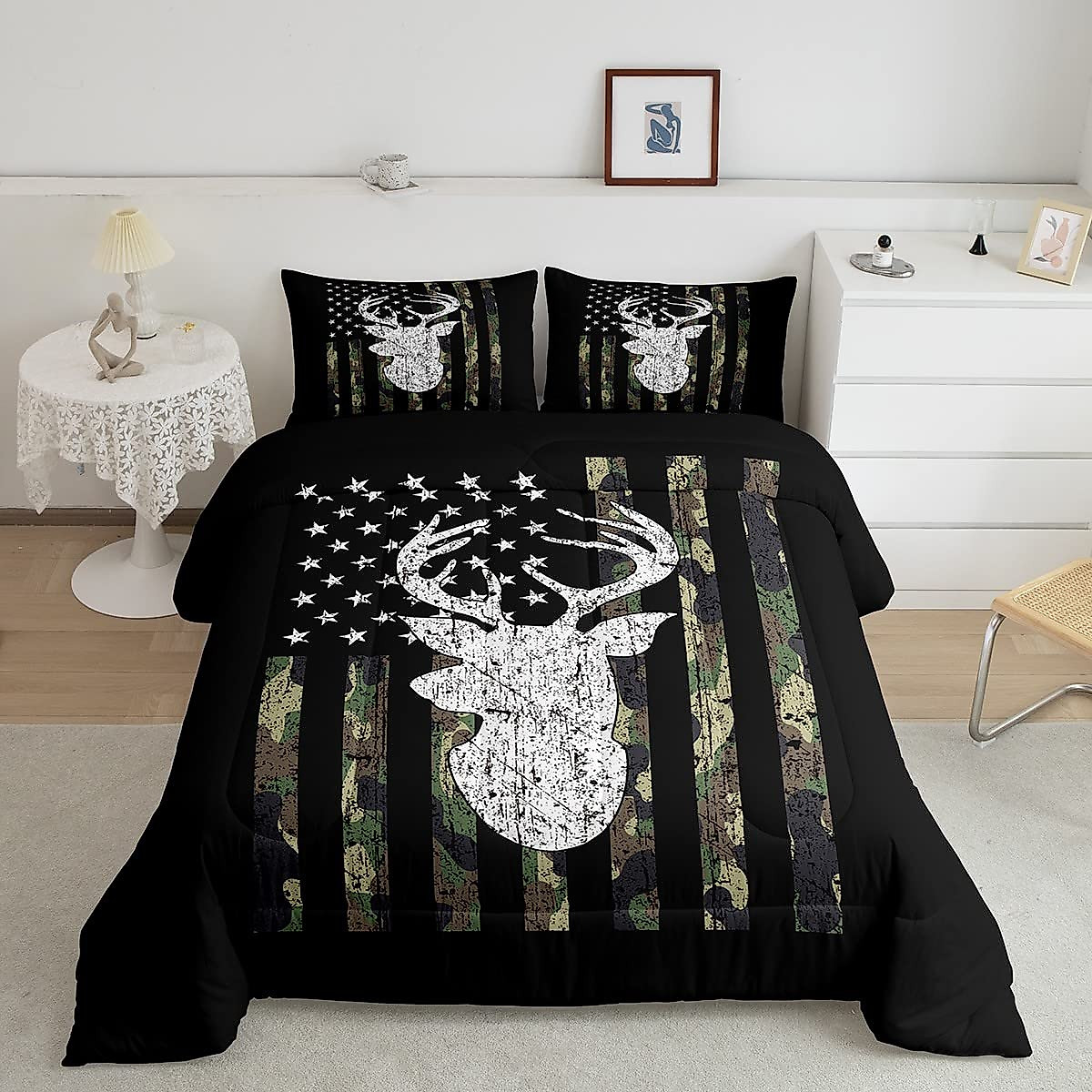 Deer Camo Comforter Set Queen Antlers Hunting Camo Bedding Sets For Teen Boys Men Camouflage American Flag Bed Comforter Set ,Western Farmhouse Wild Animal Bedding Quilt Black White Home Decor 3 Pcs
