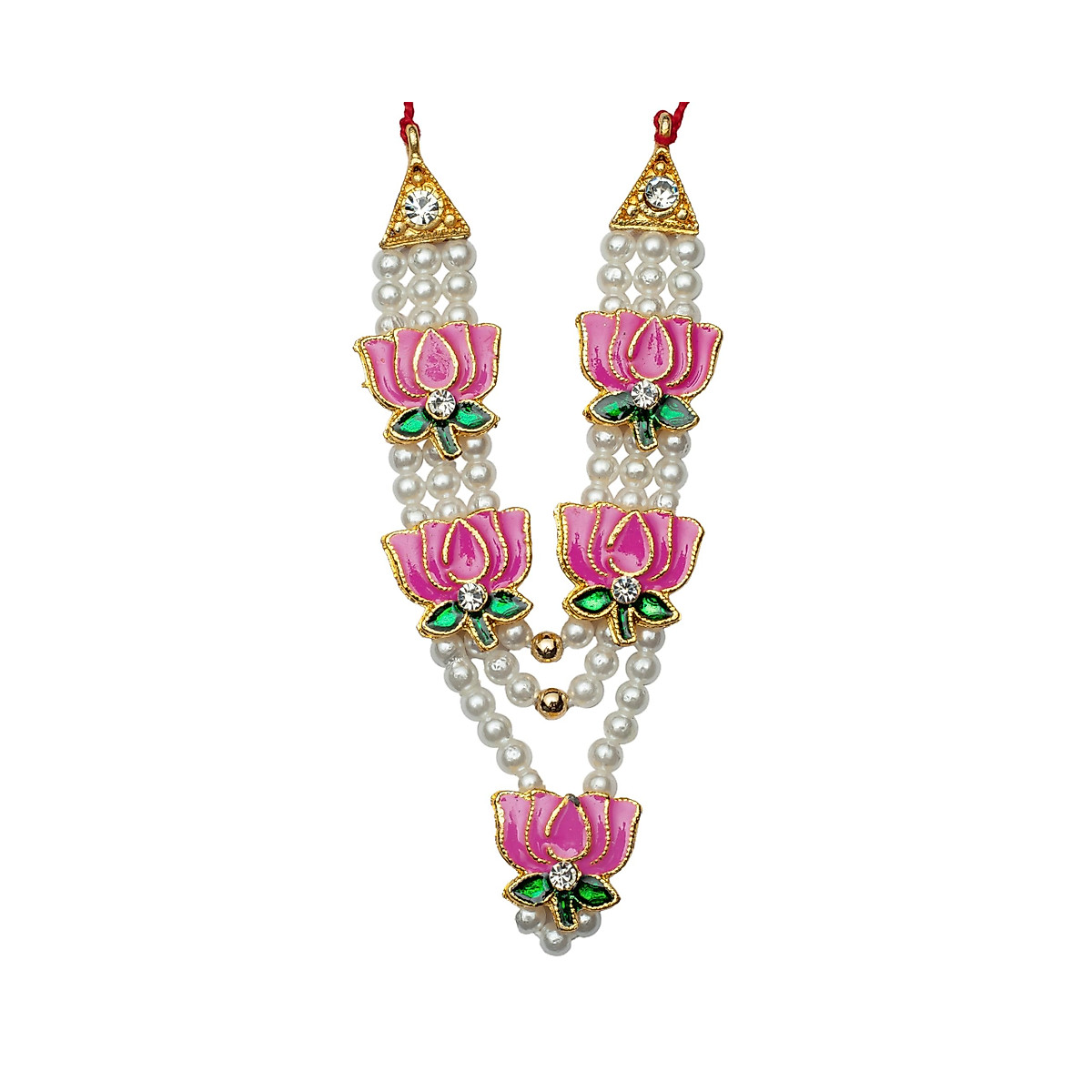 Single Lotus Design Moti Mala Set for Laddu Gopal/Devi Maa/Radha Krishna/Indian Traditional God Goddess Haar Sringar jewellary Set for Janmashtami All God Statue Festival Decoration(Size:-3'')
