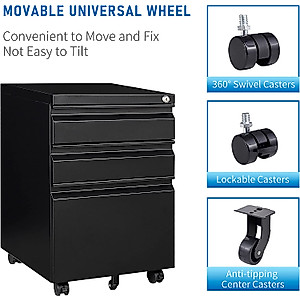 3 Drawer Locking File Cabinet, Under Desk Metal Filing Cabinet for Legal/Letter/A4 File, Fully Assembled Include Wheels, Home/Office Design (Black)