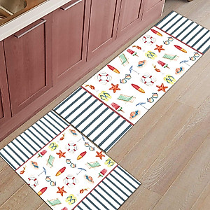 IDOWMAT Kitchen Rug Sets of 2 - Absorbent Non-Slip Kitchen Mats Navy Blue Stripes Beach Swim Ring Ice Cream Sunglasses Floor Comfort Mats Doormat for Kitchen Office Laundry 15.7x23.6in + 15.7x47.2in