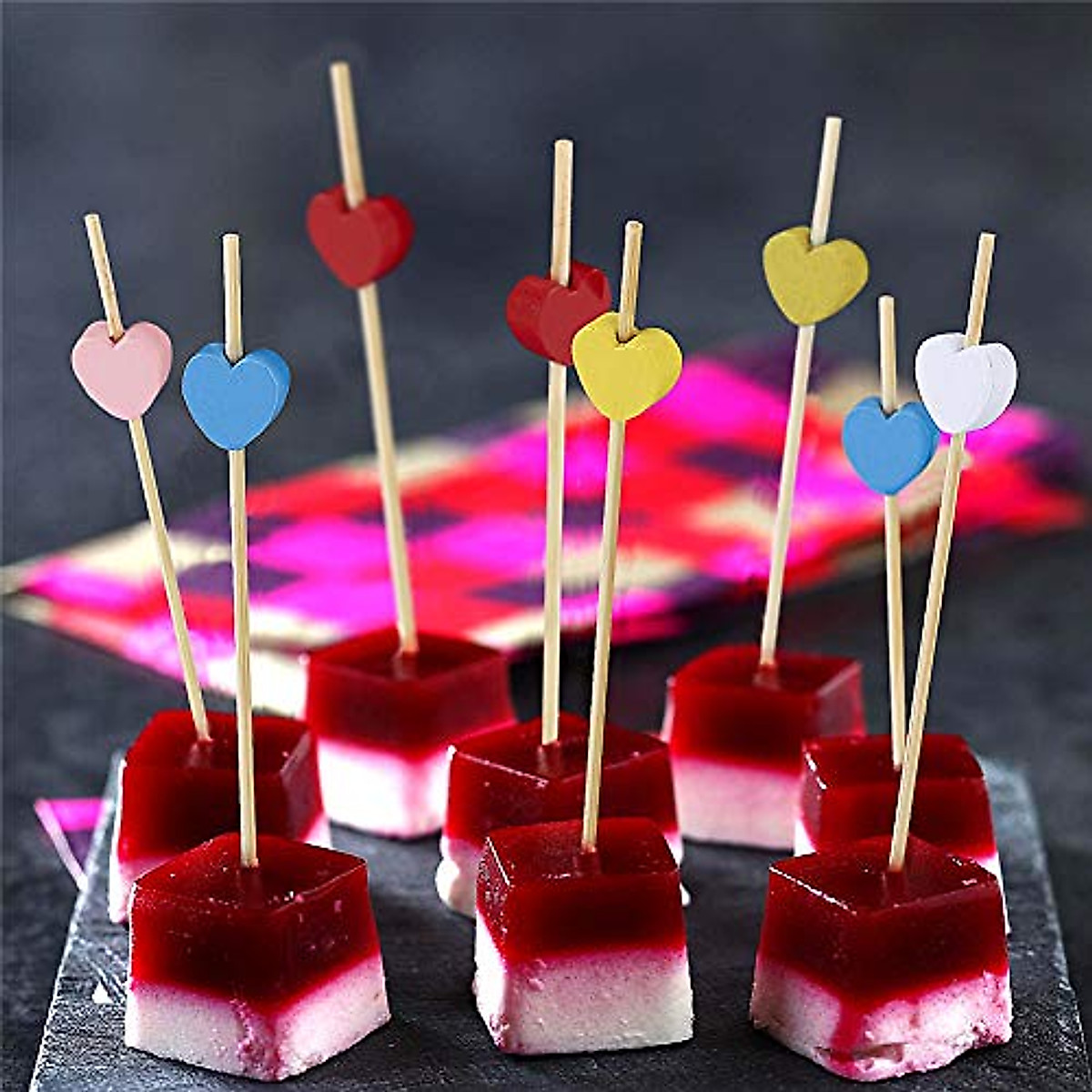 Minisland Pink Heart Fancy Toothpicks for Appetizers 4.7 Inch Long Cute Bamboo Cocktail Picks Wedding Valentines Day Party Food Fruit Drinks Decorative Skewer Sticks 100 Counts -MSL134