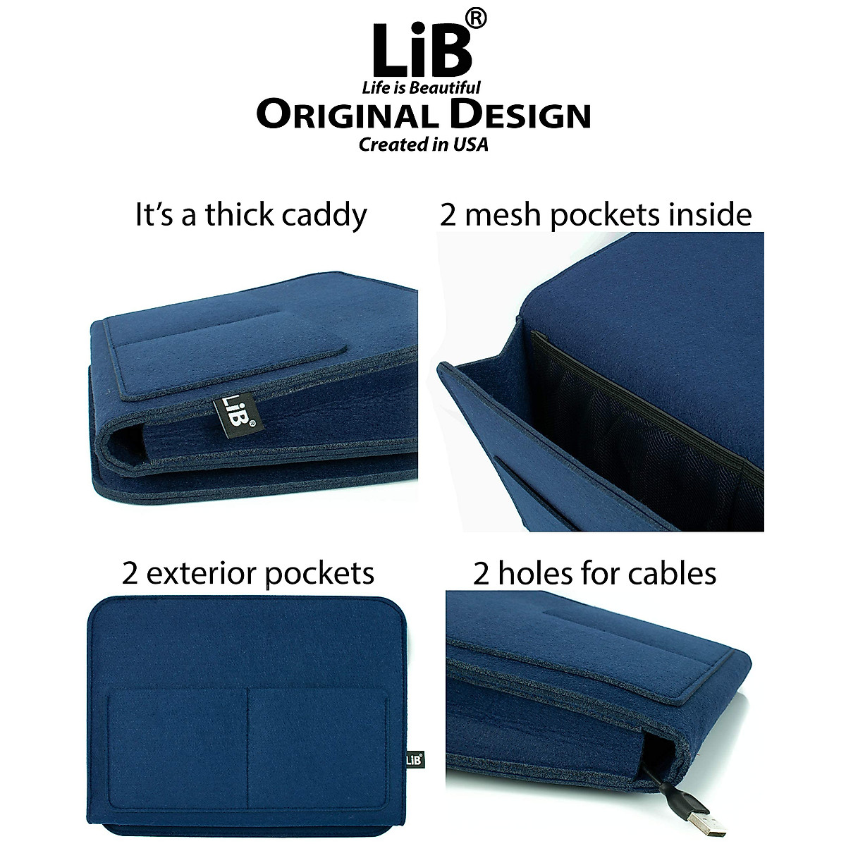 Lib Bedside Caddy, Original Design | Large Size 9.5" x 13.5" | Laptop Holder | 100% Handmade | College Room, Kids Bunk Bed, Hospital Bed | Night Hanging Storage Organizer (Dark Blue)