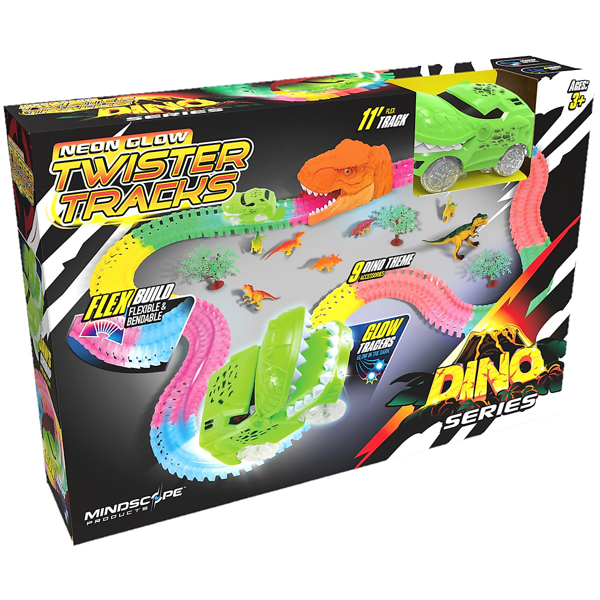 Mindscope NEON Glow Twister Tracks Dino Series 11 Feet of Neon Glow in The Dark Track Set with Dinosaur Accessories