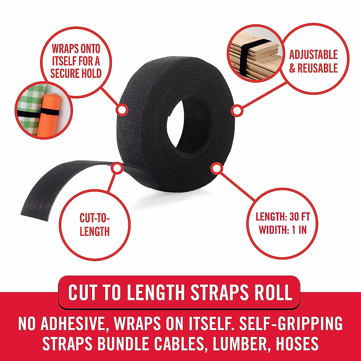 VELCRO Brand VEL-30768-AMS Wide Straps 1 in x 30 ft Roll | Cut to Length, Reusable Self-Gripping Tape | Bundle Poles, Wood, Pipes, Lumber, Garage Organization for Tool Handles Hoses, More | Black, 1in