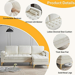 Convertible Sectional Sofa 85.38" L Shaped 3 Seat Couch Heavy Duty Corner Couch Chenille Lounge Couch w/Reversible Chaise & Arm-Pillows,Comfy Upholstery Sofa & Couches for Living Room Apartment,Beige