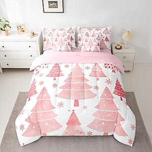 Feelyou Pink Christmas Comforter Set with Sheets Christmas Tree Bed in a Bag for Kids Boys Girls Bedroom Bed Decor Christmas Snowflake 7 Piece Bedding Set King Size Xmas Christmas Bed Set
