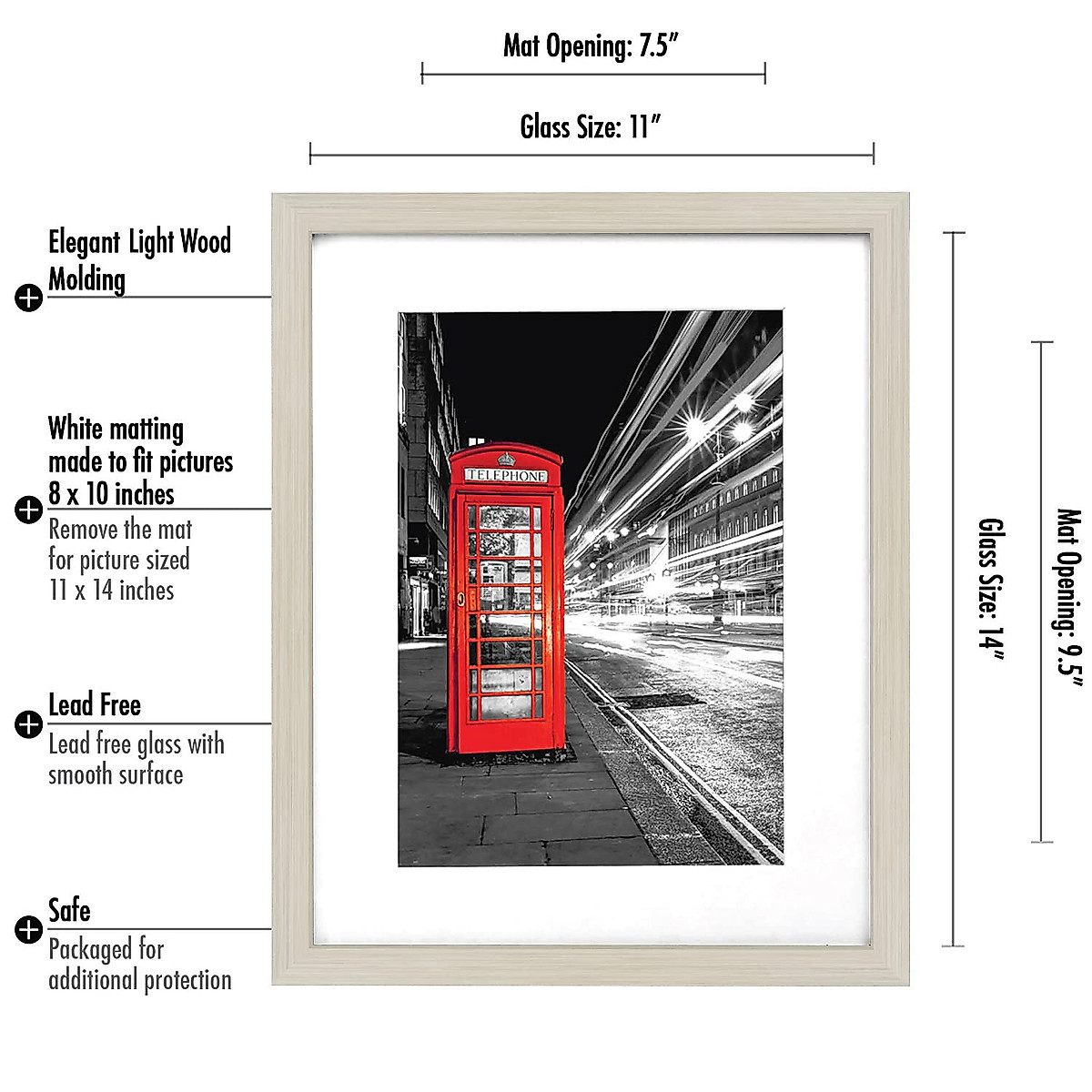 Americanflat 11x14 Picture Frame with Shatter-Resistant Glass - Use as 8x10 Frame with Mat or 11x14 Frame Without Mat - Signature Collection - Photo Frame for Wall Display - Light Wood