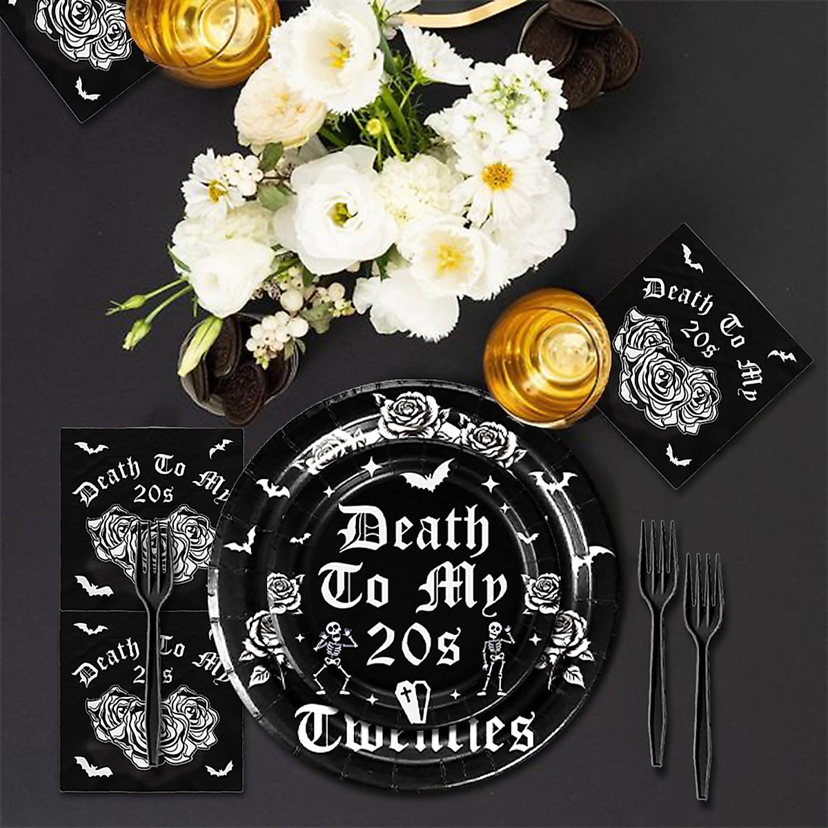 167pcs Death to My 20s Decorations Tableware Set Death to My Twenties Banner Rip Twenties Skull 30th Birthday Decorations Plates Cups Paper Straws Forks Napkins Tablecloth Set Funeral For My Youth