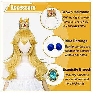 Aicos Golden Wavy Wig with Earrings and Crown, Blonde Long Curly Princess Cosplay Wig for Kids Halloween Costume
