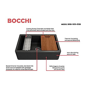 BOCCHI Arona Apron-Front 33 in. Single Bowl Granite Composite Kitchen Sink with Integrated Workstation and Accessories in Metallic Black