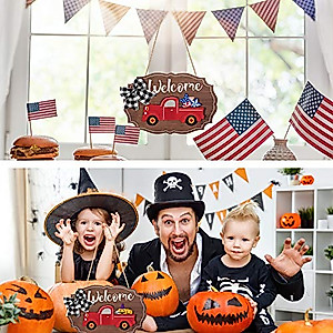 Qunclay 12 Pieces Interchangeable Truck Blank Welcome Sign Seasonal Truck Sign Red Truck Decor with Wooden Cutouts for Holiday Thanksgiving Halloween Christmas Party (Natural,Irregular Style)