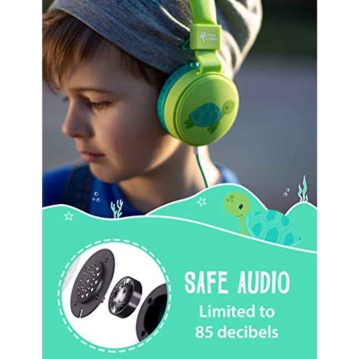 Planet Buddies Kids Headphones, Wired Headphones with Microphone for Kids, Volume Safe Foldable On Ear Earphones for School, Travel, Phone, Kindle - Green Turtle