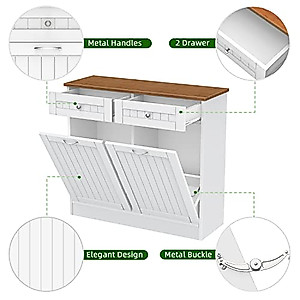Double Kitchen Trash Cabinet, Dual Tilt Out Trash Cabinet with Two Wood Hideaway Trash Holder Drawers, Free Standing Wooden Kitchen Trash Can Recycling Cabinet Trash Can Holder