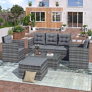 BIADNBZ 5-Piece Patio Furniture Set with Armchairs, Storage Bench and Glass Table, All Weather PE Wicker Outdoor Coversation Sofa Couch for Garden Backyard Lawn, Gray