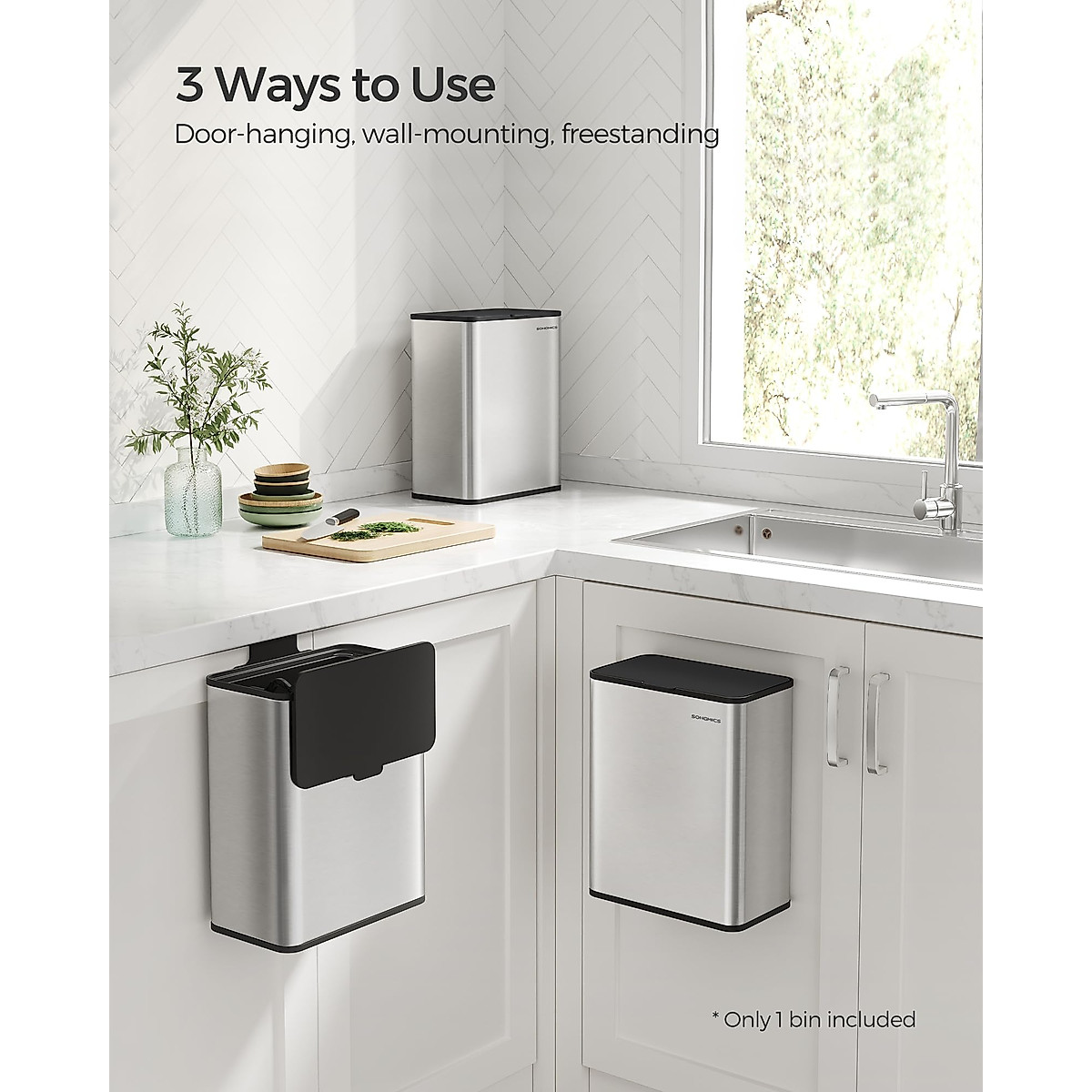 SONGMICS Hanging Trash Can, 2.1-Gallon (8 L) Small Kitchen Garbage Can with Lid, Cabinet Door Hanging or Wall-Mounted with Hooks, for Under Sink, Bathrooms, Metallic Silver ULTB810E08