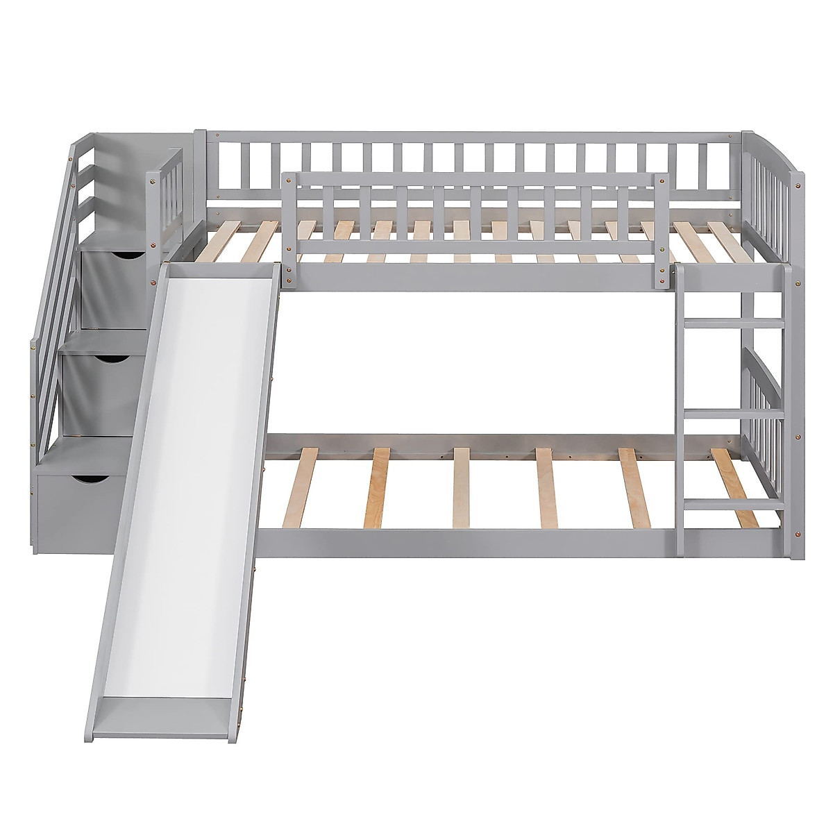 CITYLIGHT Twin Over Twin Bunk Bed with Slide and Stairs, Wooden Low Bunk Bed with Storage Stairs,Kids Bunk Bed with Slide for Girls Boys,No Box Spring Needed, Grey