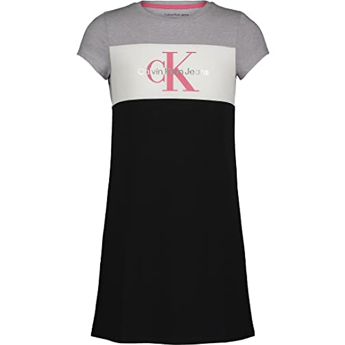 Calvin Klein Girls' Short Sleeve T-Shirt Dress, Pullover Style with Crew-Neck Neckline, Logo Detailing, Black Colorblock, 8-10