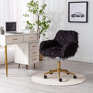 Goujxcy Fluffy Desk Chair, Faux Fur Swivel Home Office Chair Height Adjustable Vanity Accent Chair for Girls Women, Modern Cute Furry Makeup Chairs for Bedroom Living Room, Black