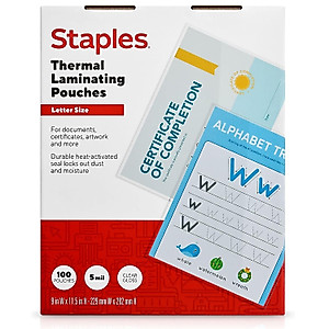 Staples 489526 5 Mil Thermal Laminating Pouches Letter Size 100 Pack